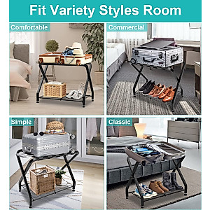 Whoonba Folding Luggage Rack with 2-tiers Storage Shelf, Foldable Steel Frame Luggage Organizers for Suitcase, Metal Luggage Holder for Guest room, Bedroom, Hotel, Closet, Black, 1pack