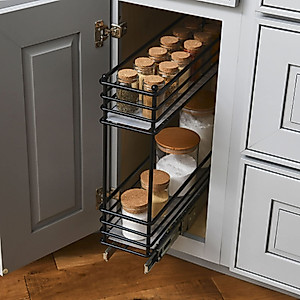 Household Essentials Narrow Sliding Cabinet Organizer, Two Tier Organizer, Matte Black, Great for Slim Cabinets in Kitchen, Bathroom and More, 5"