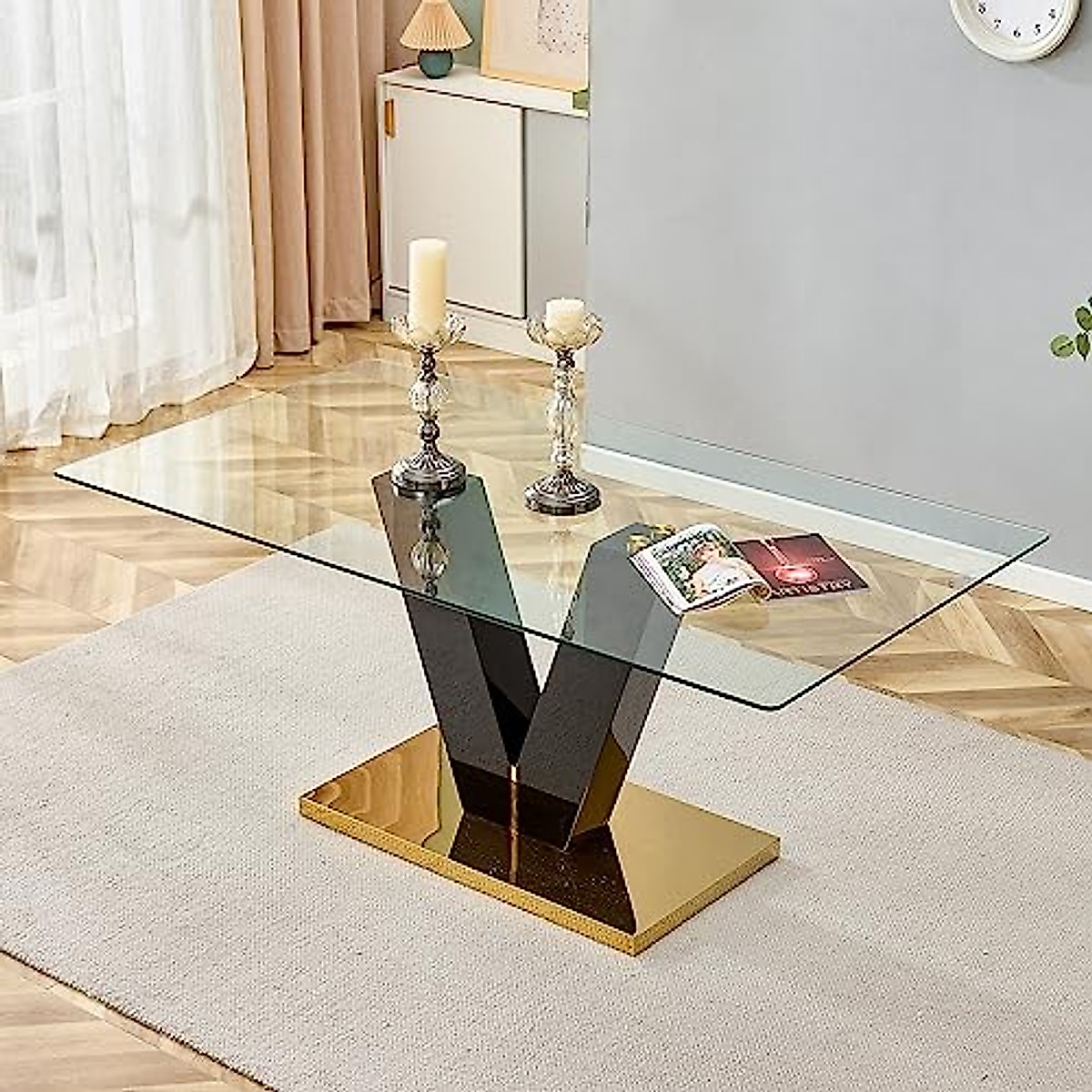 Modern Glass Dining Table for 8, Rectangle Glass Dining Room Table with Large Tempered Glass Tabletop & V Shaped Wood Frame, Golden Pedestal Base, 70.87" Glass Top Dining Table for Dining Room Kitchen