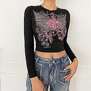 Women Teen Girls Funny Printed Top Blouse Women Y2K Cool Punk Top Blouse Women Long Sleeve Top Blouse Black
