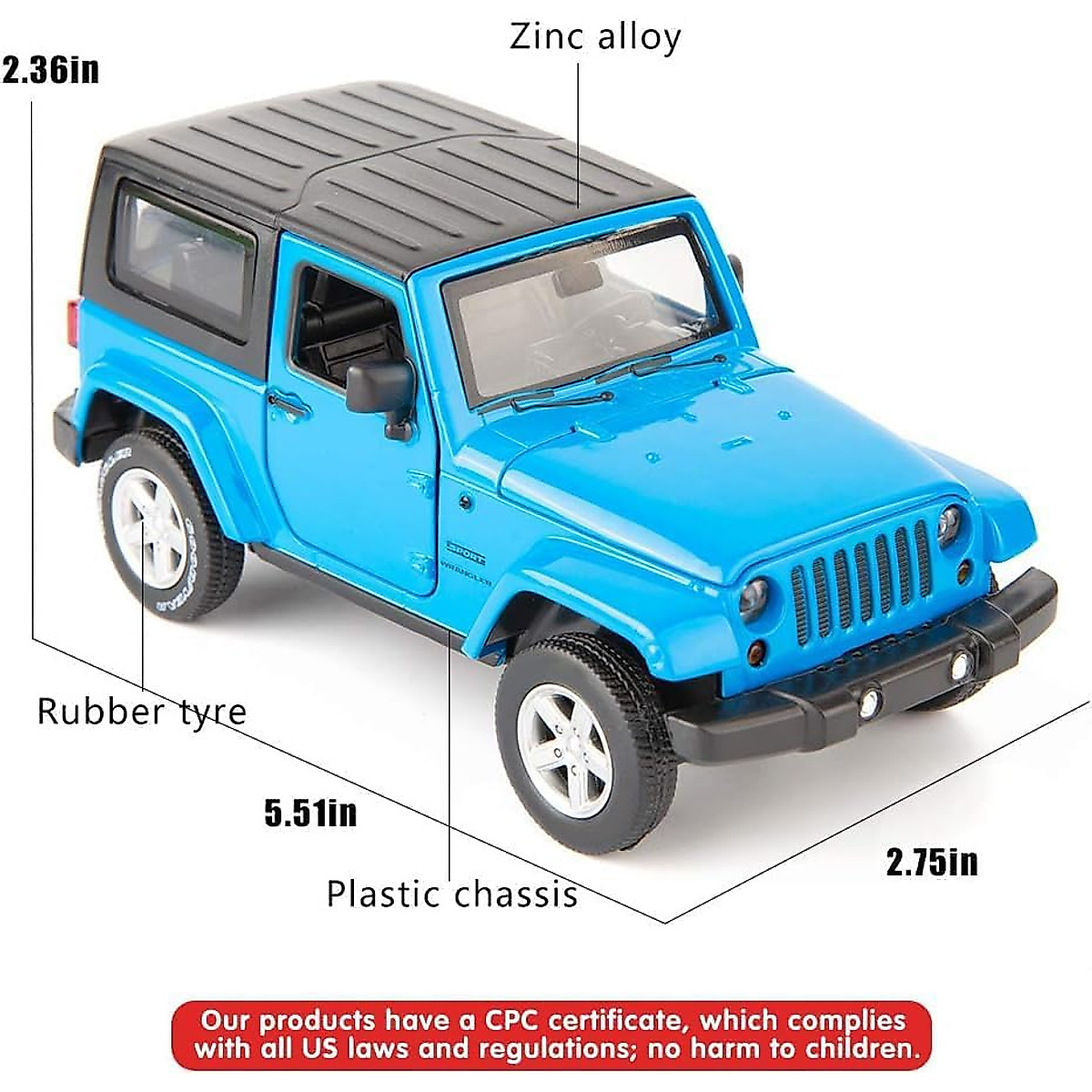 TGRCM-CZ Diecast Model Cars Toy Cars, Wrangler Rubicon1:32 Scale Alloy Pull Back Toy Car with Sound and Light Toy for Girls and Boys Kids Toys (Blue)