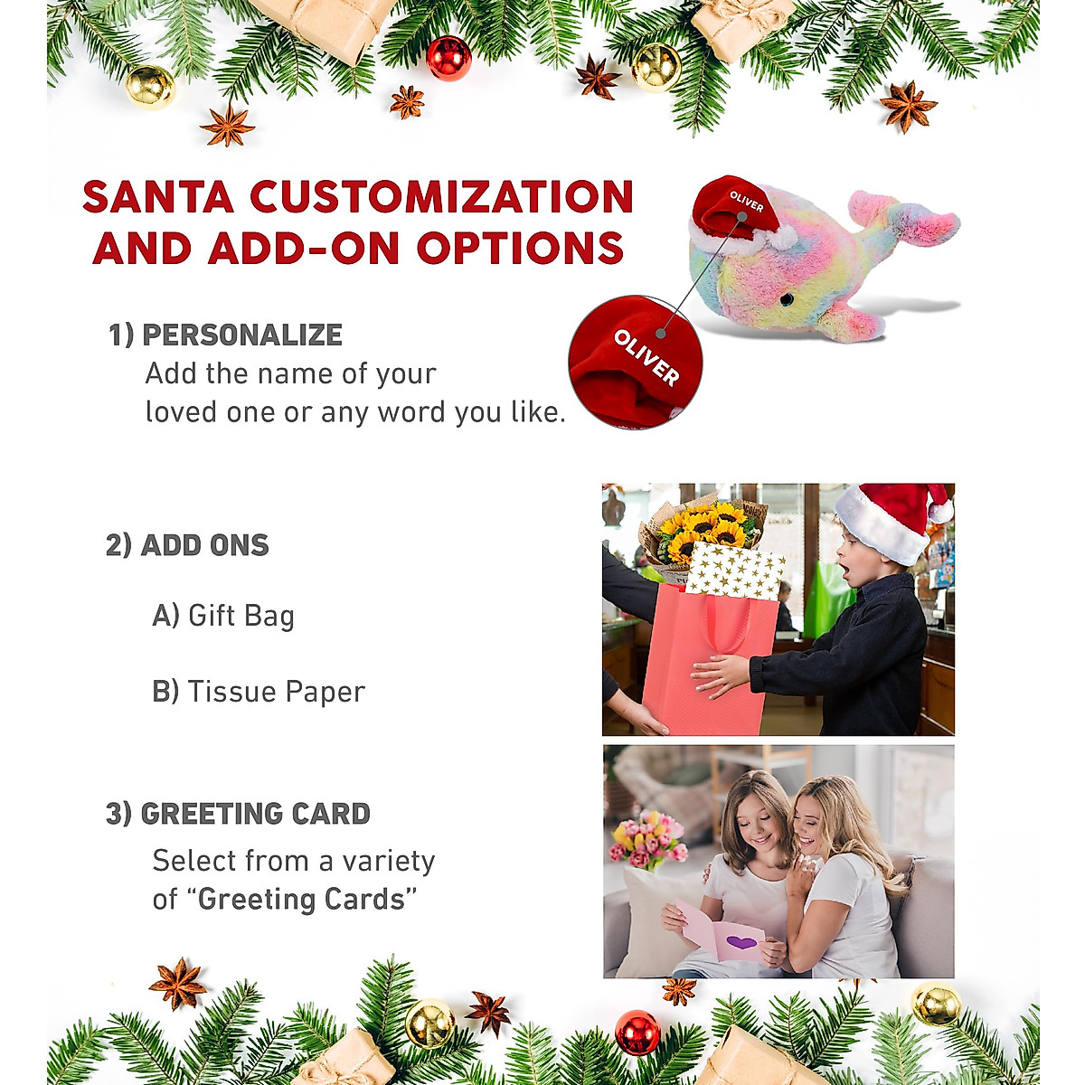 DolliBu Santa Extra Large Rainbow Whale Stuffed Animal Plush Toy - Wild Animal Dress Up with Red Santa Claus Hat, Wildlife Gift, Perfect Holiday with Name Personalization - 15 Inches