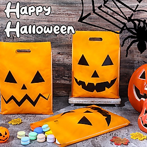 Locmeo 48 Pcs Large Plastic Halloween Pumpkin Gift Bags Bulk 12 x 15'' Halloween Trick or Treat Party Favors Bags with Handle Halloween Jack O Lantern Goodie Treat Bags for Halloween Party Decor