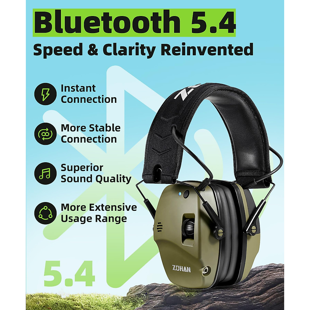 ZOHAN 035 Bluetooth 5.4 Shooting Ear Protection Earmuff, Active Noise Canceling, Hearing Protection with Sound Amplification