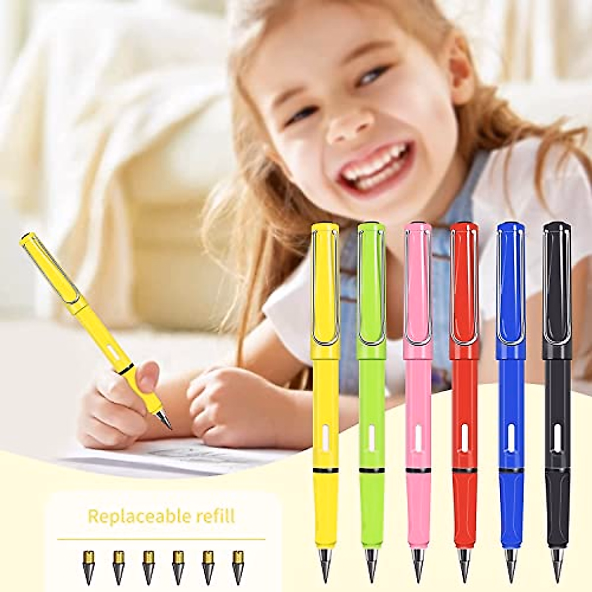 Forever store 6Pcs Everlasting Pencil, Inkless Pencil Eternal with 6pcs Replacement Nibs, Inkless Pen Unlimited Writing Pencil, Reusable Erasable Pencil for Student Artist, Kids Gifts (6pcs-A)