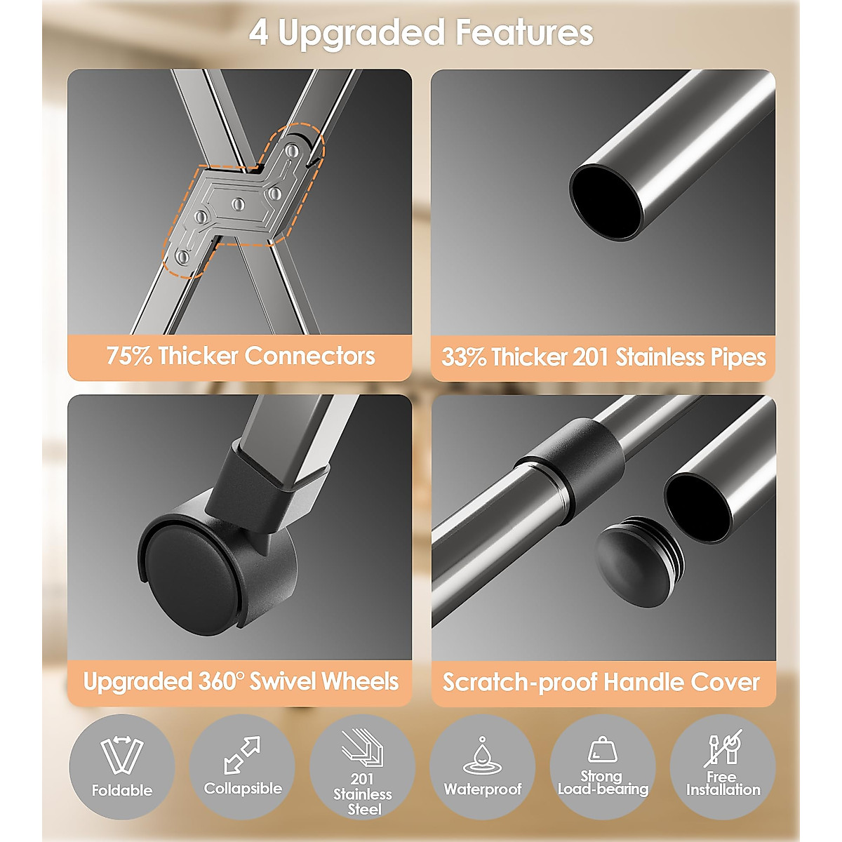 KitchLife Upgraded Clothes Drying Rack with Wheels, No Assembly Required, 95 Inches, Super Heavy Duty 201 Stainless Steel, Adjustable Foldable Laundry Drying Rack