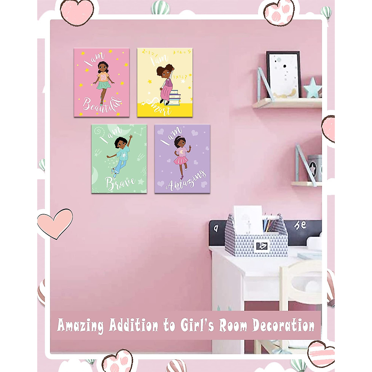 Black Girls Bedroom Canvas Wall Art Framed | Motivational Wall Decor for Toddler Girls | Inspirational Room Decor for Teen Girls | Kids Wall Art | Picture for Little Girls | 8” x10” x4 PCS (FRAMED)