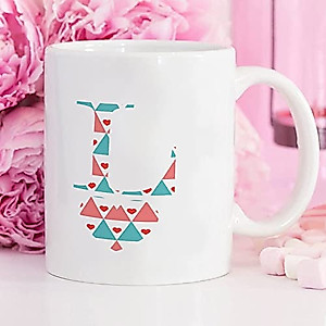 Valentine's Day Love Monogram Letter L Tea Cup Custom Name Tea Mug 11oz Lake Blue Pink Heart Porcelain Mug Love Heart Initials Letter Coffee Mug Gift for Wife Women Girls Lovers
