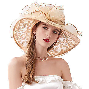 ORIDOOR Women?s Organza Church Kentucky Derby Tea Party Wedding Fascinator Hat UV-Anti Wide Brim Sun Hats, A Gold, One Size