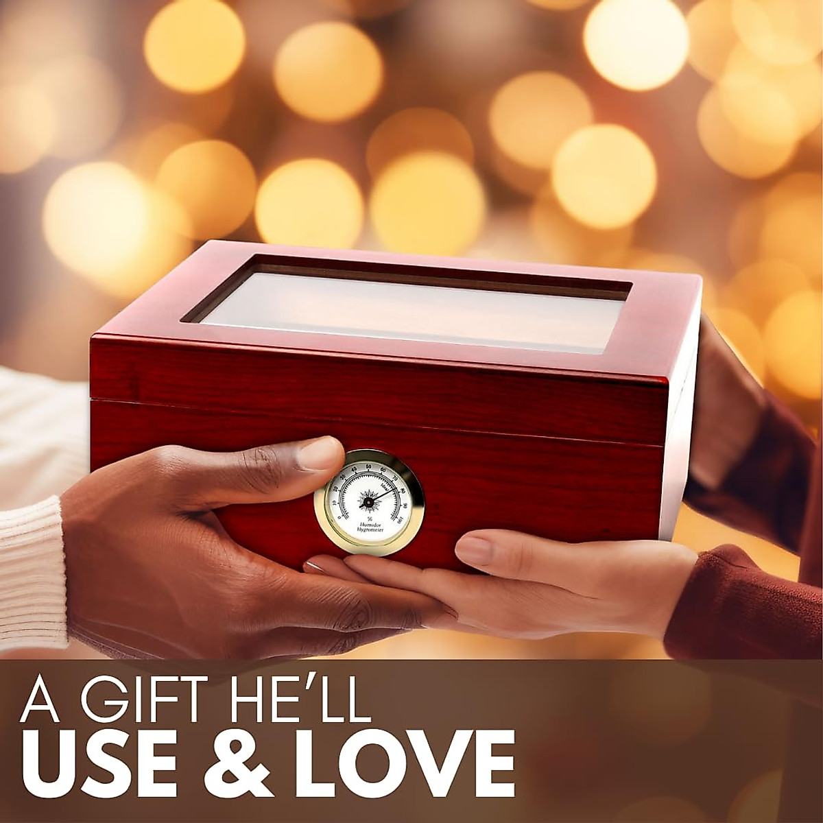 Mantello Glass Top Cigar Humidors - Humidor Cigar Box with Humidifier, Spanish Cedar Tray, Divider, and Hygrometer - Gifts for Men, Holds 25 to 50 Cigars