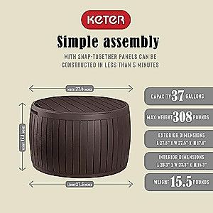 Keter Circa 3-in-1 Outdoor Resin Ottoman Deck Storage Box with 37-Gallon Storage, All-Weather, Easy Assembly, Stylish Patio Table and Seat, Brown