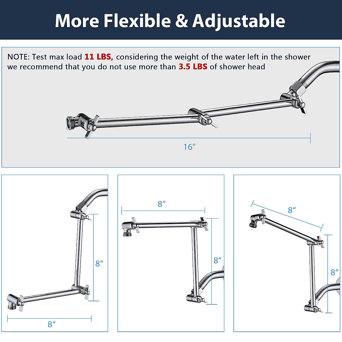 PDPBath Shower Extension Arm, 16" Upgrade Solid Brass Shower Head Shower Head Extender, Adjustable Height Extended with G1/2 Universal Connection for Rain & Handheld Shower Head - Chrome