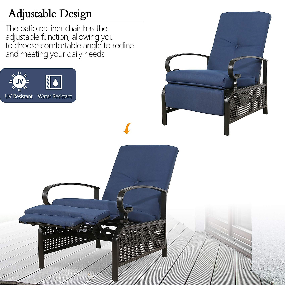 Ulax furniture Outdoor Recliner Adjustable Metal Patio Reclining Lounge Recliner Sofa Chair with Removable 100% Olefin Cushion (Navy)