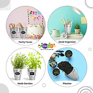 Colorlaza Galvanized Metal Bucket with Handle 12 Pcs- Metal Buckets for Party, Tin Buckets with erasable Stickers and Chalk Marker Silver Bucket 4.7" W x 5" H x 2.7" L