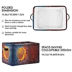Basketball Fire Water Rectangular Storage Basket Storage Bin Collapsible Storage Box with Leather Handles Storage Hamper Organizer for Home, Bedroom