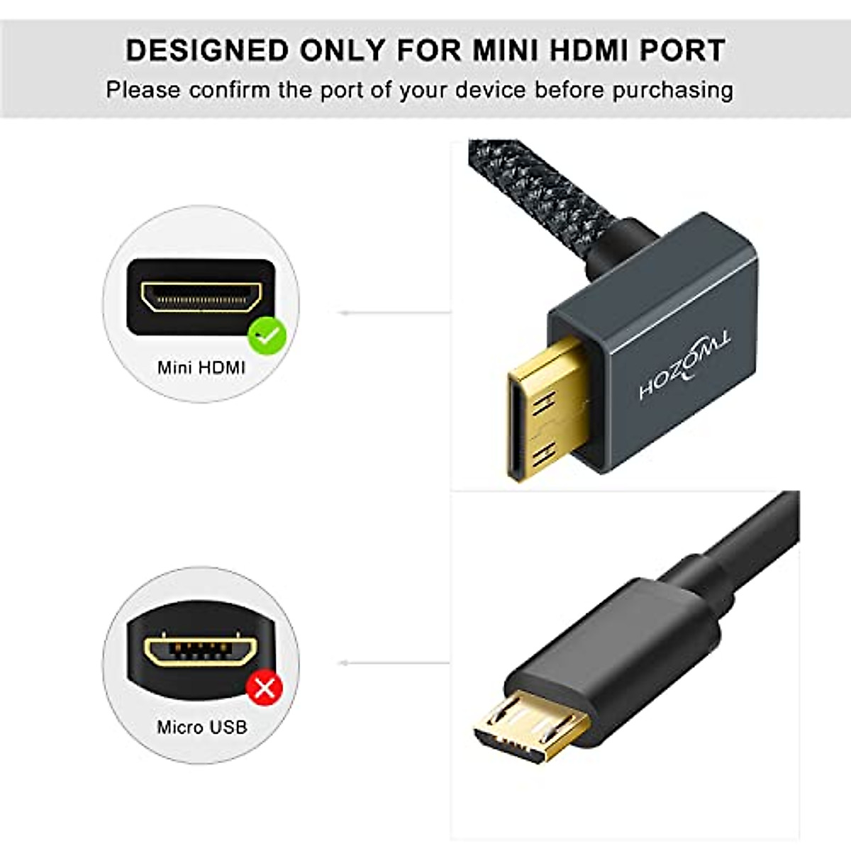 Twozoh Angled Mini HDMI to HDMI Adapter Cable 0.6FT，Nylon Braided Downward Angled 90° Degree Mini HDMI to HDMI Extension Cable Support 3D/4K 1080p
