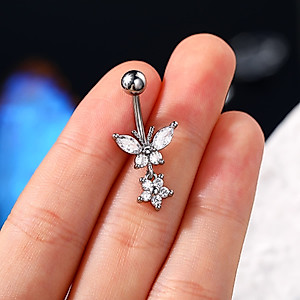 CM Crareesi Mania Belly Button Ring Dangle 14G Belly Button Rings Butterfly 316L Stainless Steel Short Belly Button Ring 14G Belly Button Piercing Jewelry