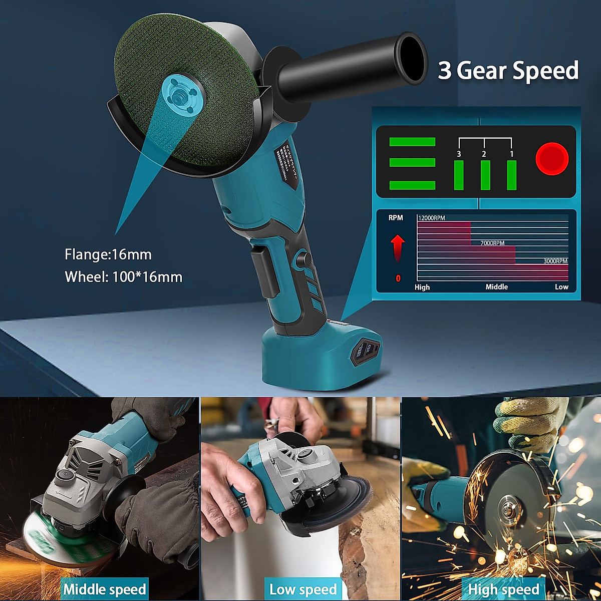 Angle Grinder, 4inch Cordless Angle Grinder with 9 Grinding Wheels,12000RMP 18V/21V Power Grinder, Cutting/Deburring/Derusting Grinder Tool (No Battery)