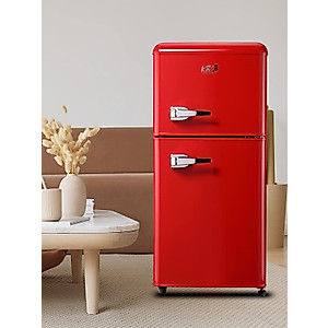 KRIB BLING 3.5 Cu.Ft Refrigerator with Freezer Double Door 7 Level Adjustable Thermostat for Dorm, Bar, Office,Kitchen, Apartment Red (KB02 FLS-80G-RED)