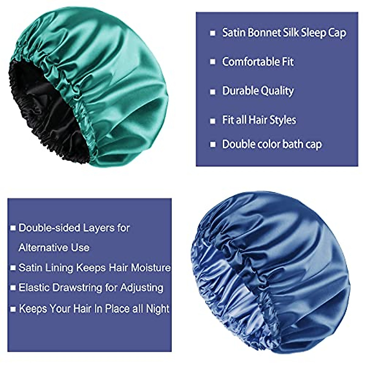 2Pack Satin Bonnet for Sleeping Silk Bonnet Hair Bonnets Cap, Double use Extra Large Double Layer Reversible Adjustable, Sleep Bonnet Used to Keep Hair Dry During Sleep. Green-Blue