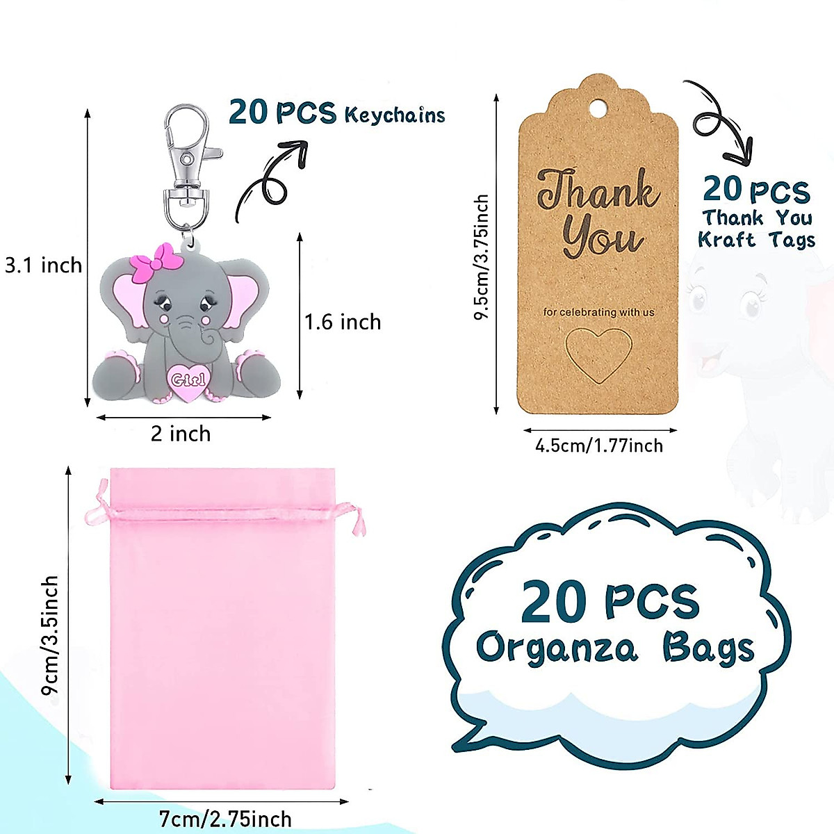 20 Pack Baby Shower Return Gifts for Guests, Pink Baby Elephant Keychains + Thank You Kraft Tags + Natural Jute Twine for Elephant Theme Party Favors, Girl Baby Shower Favors, Birthday Party Supplies