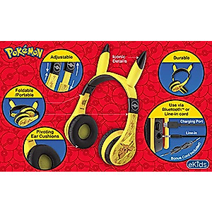 eKids Pokemon Kids Bluetooth Headphones, Wireless Headphones with Microphone Includes Aux Cord, Volume Reduced Kids Foldable Headphones for School, Home, or Travel