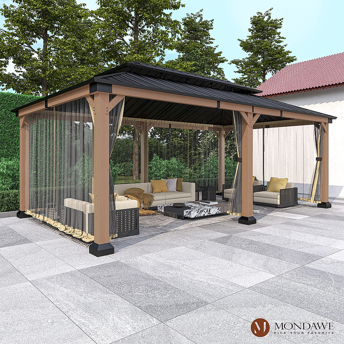 Cedar Wood Gazebo 12x20Ft Hardtop Gazebo Solid Cedar Wood Framed Gazebo Canopy Outdoor Fir Wood Galvanized Steel Double Roof Pavilion Heavy Duty for Patio Lawn Garden with Netting