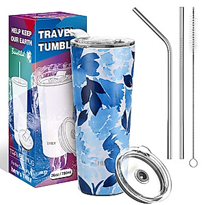 THILY Stainless Steel Vacuum Insulated Tumbler 26 oz Triple-Insulated Travel Mug with Splash-Proof Lid, for Iced Coffee and Hot Beverage, Blue Maple