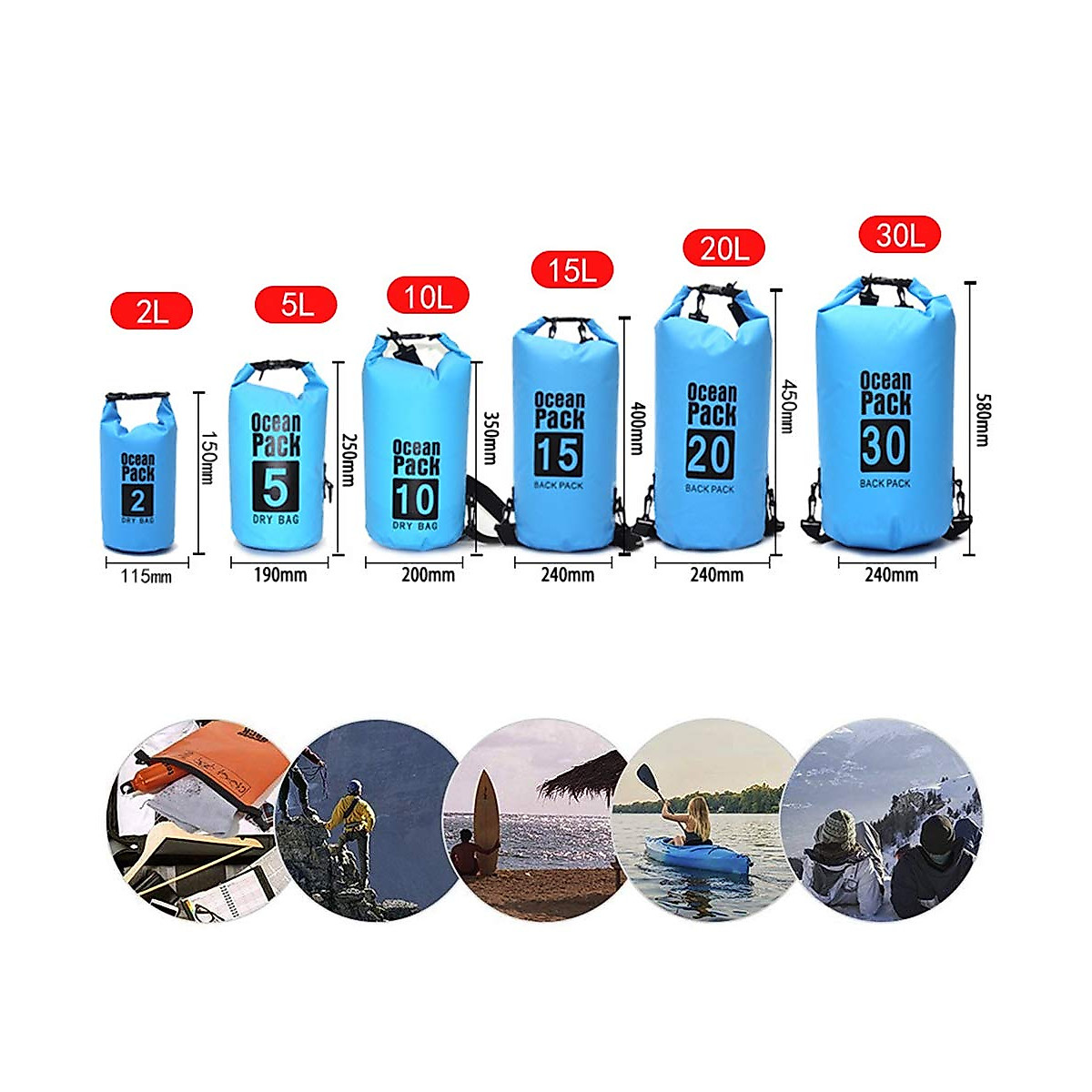 Bycc Bynn Waterproof Dry Bag 5L/ 10L/ 15L/ 20L/ 30L, Roll Top Dry Compression Sack Keeps Gear Dry for Kayaking, Boating, Rafting, Fishing and Camping, Waterproof Backpack (Blue, 15L)