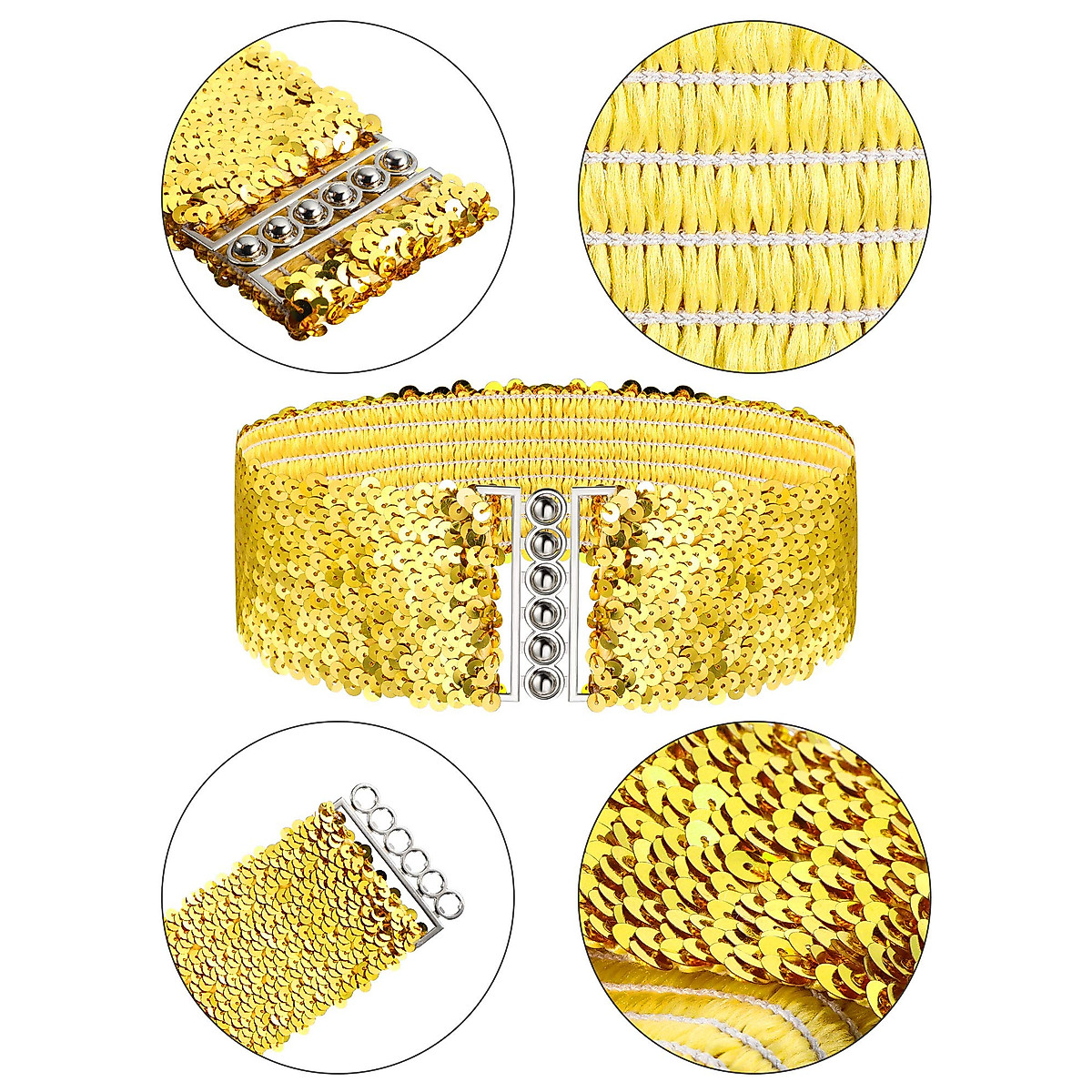 3 Pieces Sequin Belt for 70s 80s Costume Party, Disco Party Costume Wide Waist Elastic Cinch Belt Cheerleader Stretchy Belt for Women Girl Metal Buckle Glitter (Gold Silver Black)