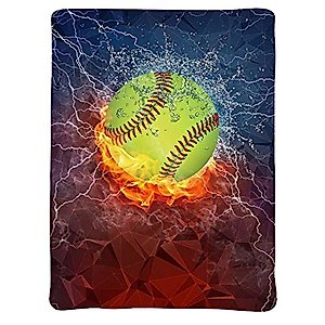 JASMODER Throw Blanket Softball On Fire and Water Soft Microfiber Lightweight Cozy Warm Blankets for Couch Bedroom Living Room
