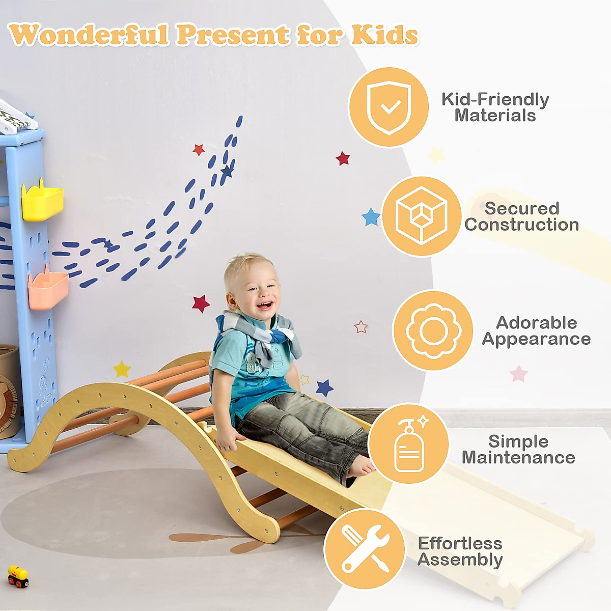 Olakids Climbing Toys for Toddlers, 3 in 1 Kids Wooden Pikler Montessori Arch Climbing Rocker with Ramp Ladder Cushion Pad for Gym Playground, Indoor Baby Climber Toy Play Structure Activity Set