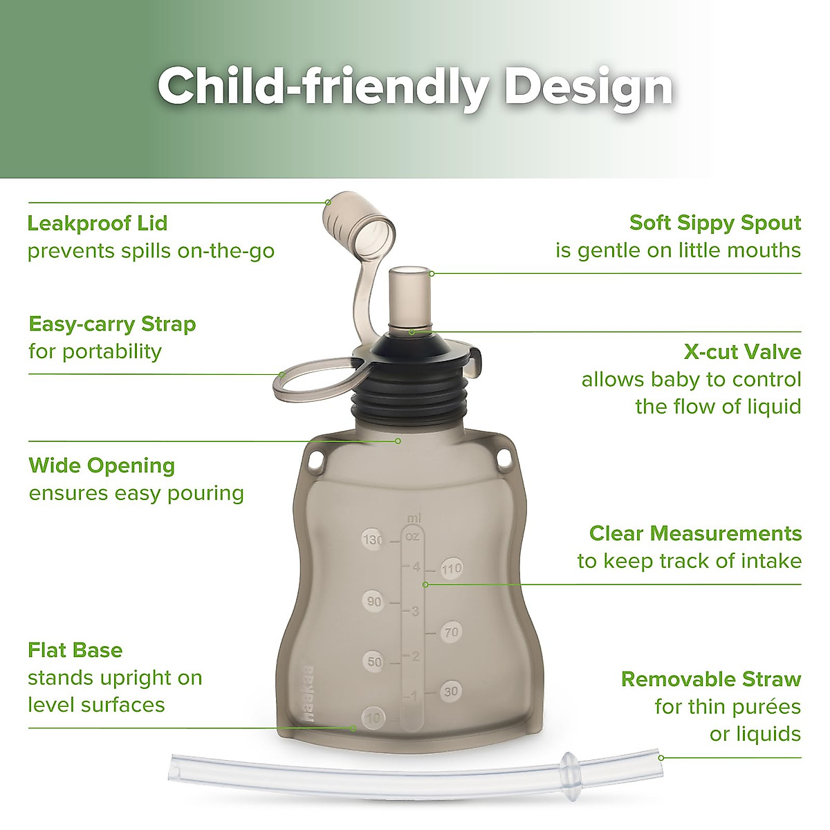 haakaa Silicone Refillable Squeezy Baby Food Yummy Pouch Homemade Organic Food for Babies/Toddlers/Kids, 2 Pack 4 oz, Grey