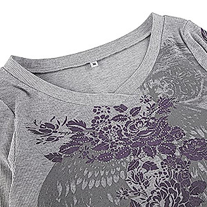 Women Y2K Long Sleeve Crop Top Ribbed Graphic Print Shirt Crew Neck Basic Blouse Tops Streewear(I-Gray Print,S)