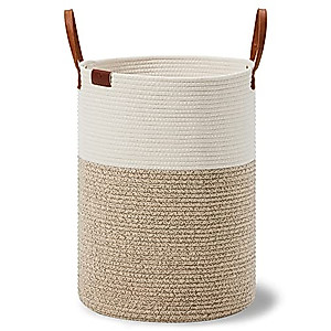 VIPOSCO Tall Laundry Basket, Large Dirty Clothes Hamper with Leather Handle, Woven Rope Storage Basket for Blanket, Toy In Living Room, Bathroom, Bedroom - 58L White & Brown