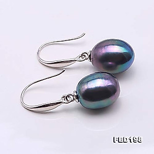 Womens Pearl Sterling Silver Dangle Earrings AAA Quality 9x11.5mm Oval Black Freshwater Pearl Fishhook Earrings