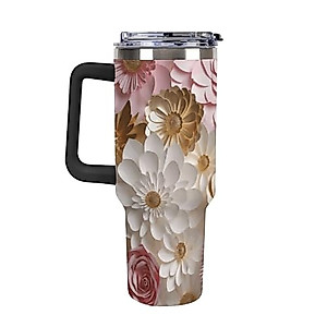 NVBSKKDH Pink White Gold Flowers 40 Oz Stainless Steel Tumbler with Handle & Straw Double-Walled Vacuum Insulated Travel Mug for Hot/Cold Drinks, Reusable Thermal Cup for Car Cup Holder