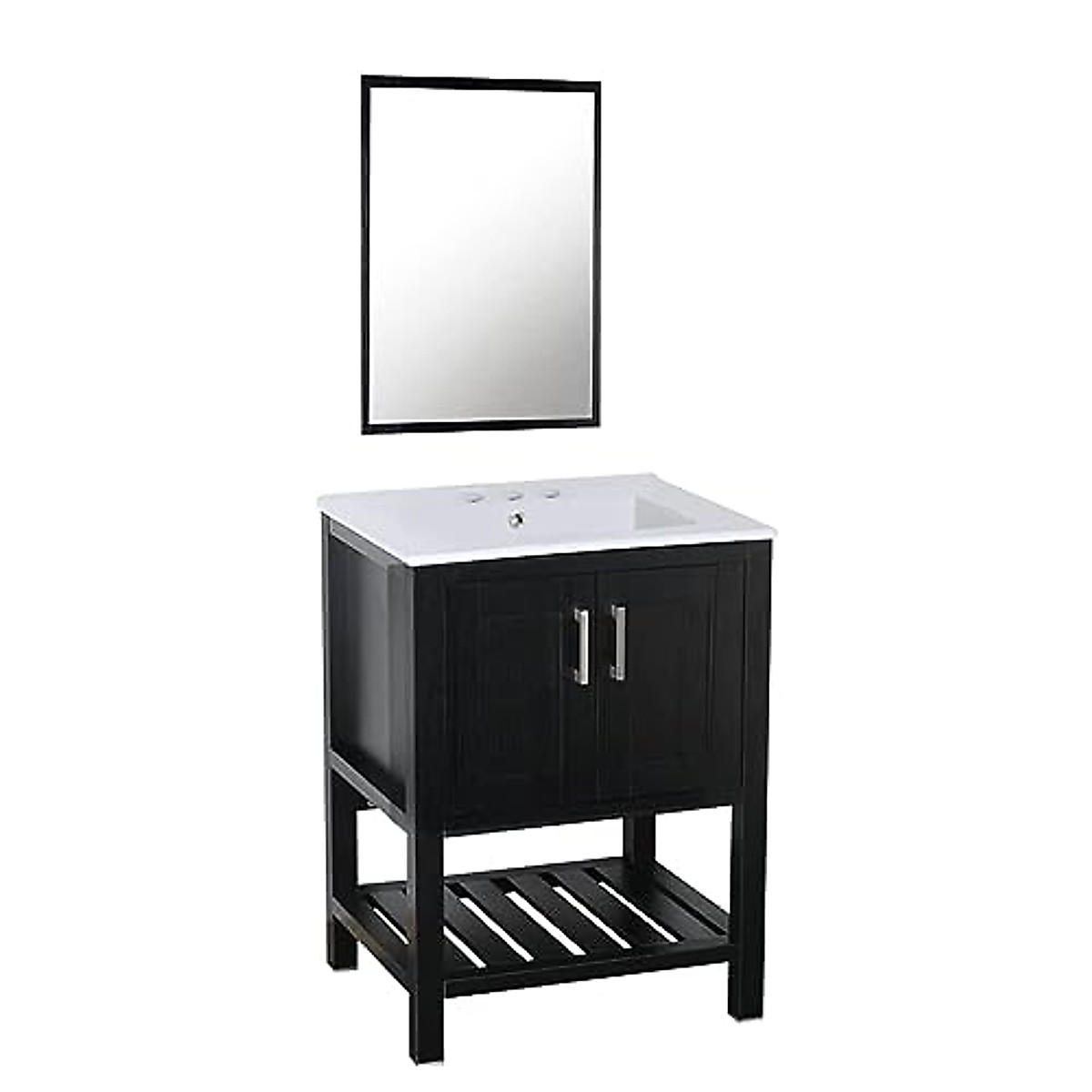 LUCKWIND 24" Black Bathroom Vanity Sink Combo, Modern Bathroom Cabinet with Space Save Bottom Shelf, Overflow 3-Hole Drop in Ceramic Vessel Sink Top & Mirror, Excluding Faucet
