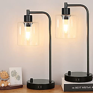 Set of 2 Industrial Table Lamps with 2 USB Port, Fully Stepless Dimmable Lamps for bedrooms, Bedside Nightstand Desk Lamps with Seeded Glass Shade for Reading Living Room Office 2 LED Bulb Included