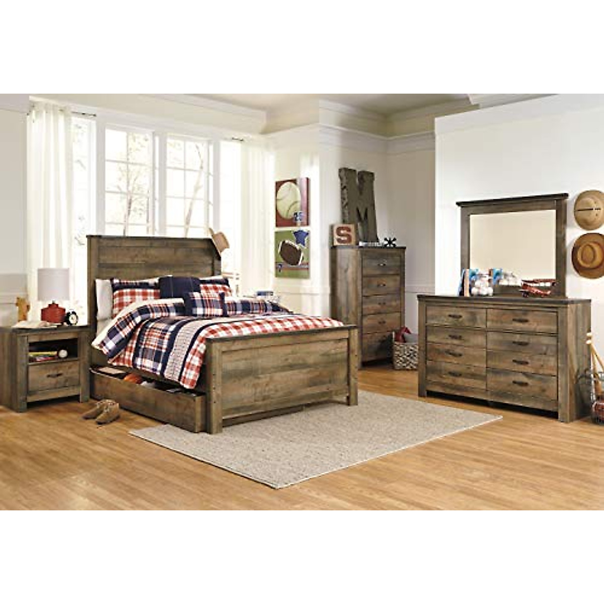 Signature Design by Ashley Trinell Rustic 5 Drawer Chest of Drawers with Nailhead Trim, Warm Brown