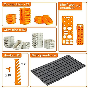 Todeco 46 Pcs Wall Mounted Storage Bins Set, Tool Organizer Bins Parts Rack with 28 Storage Bins, 14 Accessories & 4 Peg Board, Garage Storage Rack for Tool, Parts, Craft