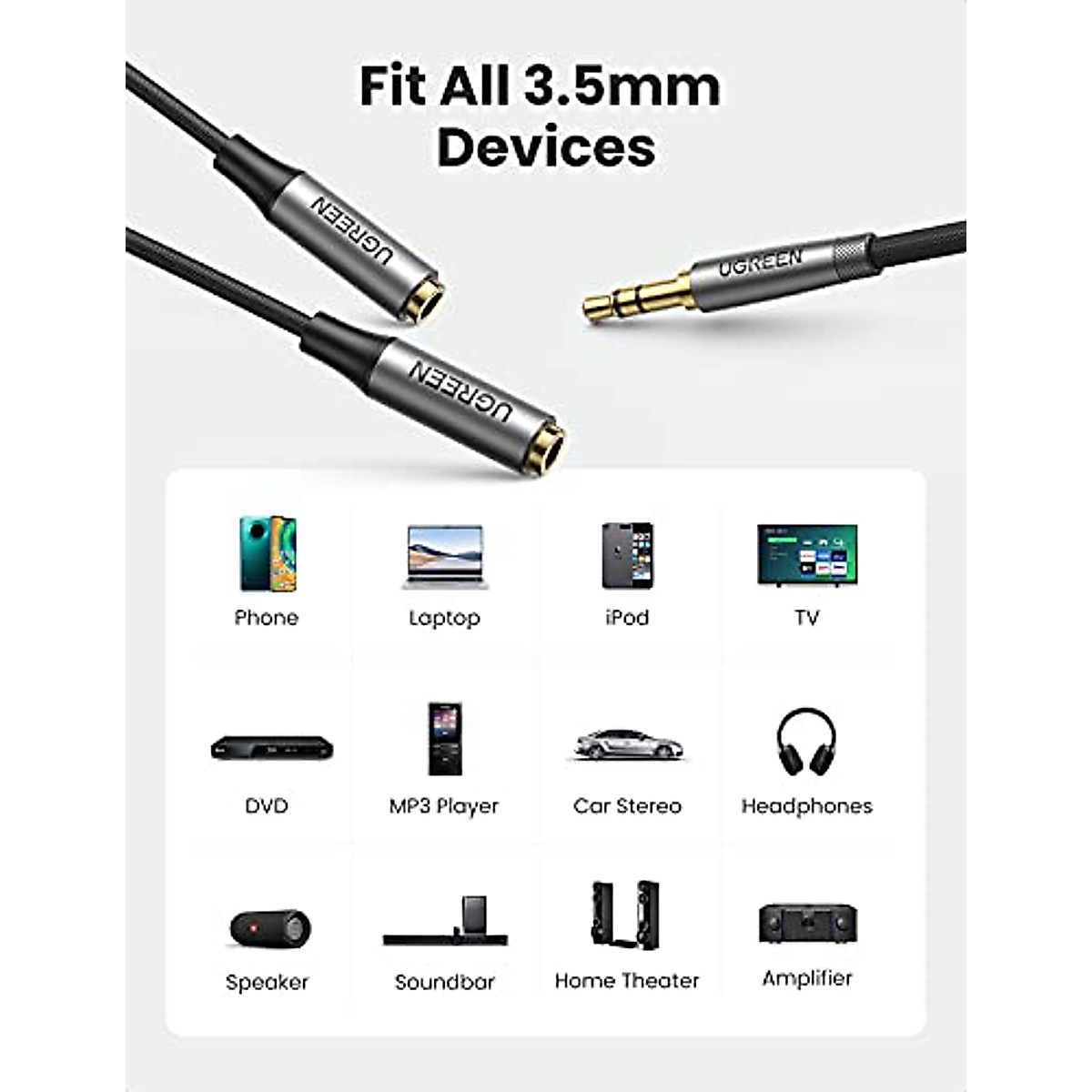 UGREEN Headphone Splitter 3.5mm Aux Splitter 2 Female to 1 Male Audio Y Splitter Stereo Dual Headphone Adapter Compatible with MacBook iPad PC Tablet Laptop TV Phone PS4 Speaker