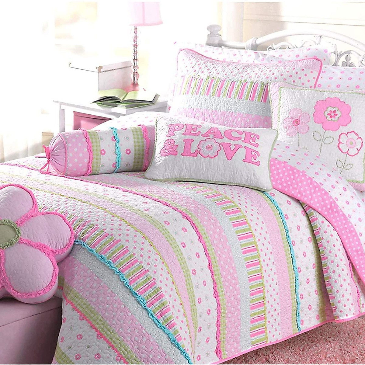 Pink Polka Dot Peace & Love 100% Cotton Reversible Quilt Bedding Set For Kids Girls, Coverlet, Bedspread ( Flower Pastel, Twin - 5 Piece: 1 Quilt + 1 Standard Sham + 3 Decorative Pillows)