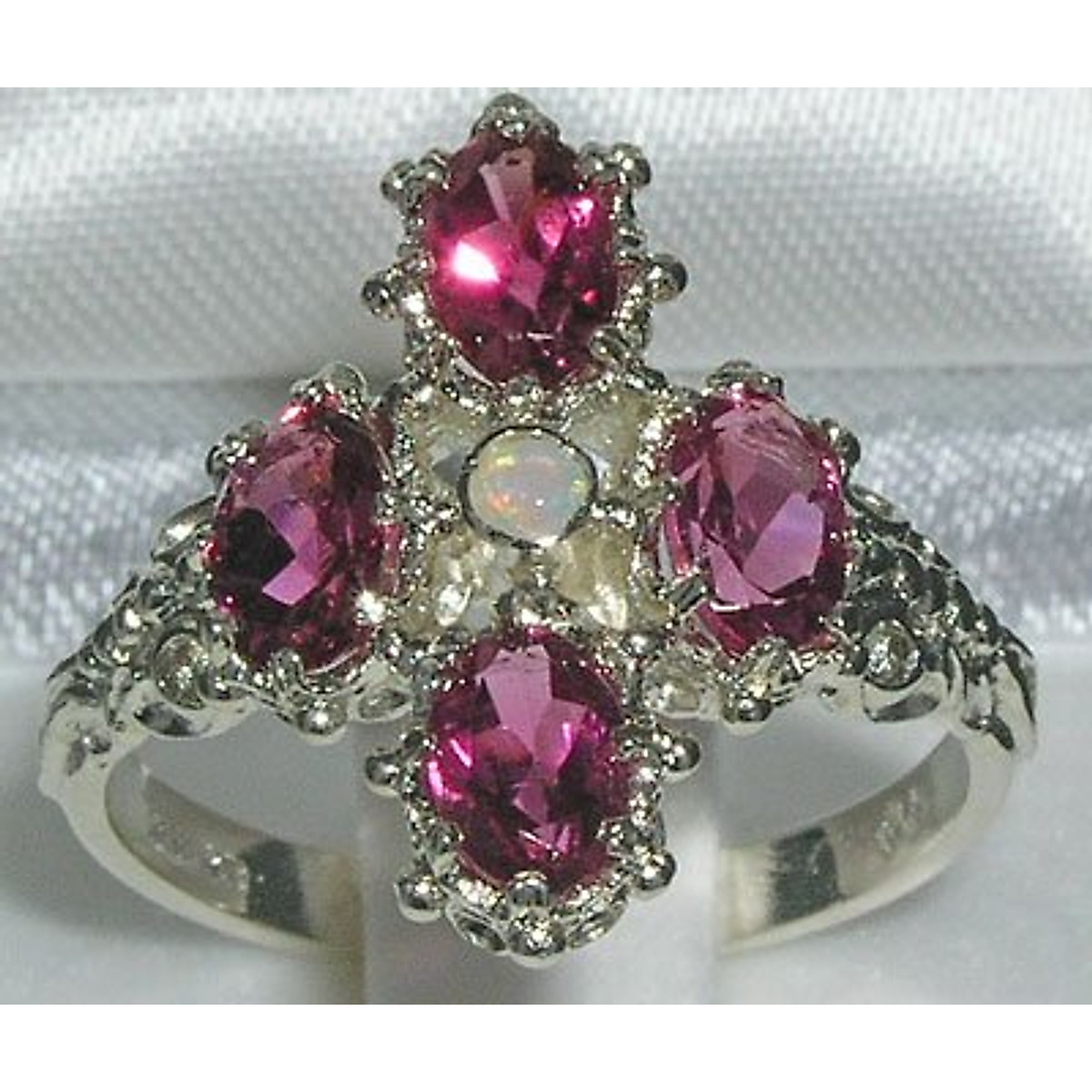 LetsBuyGold 925 Sterling Silver Real Genuine Opal and Pink Tourmaline Womens Band Ring - Size 10