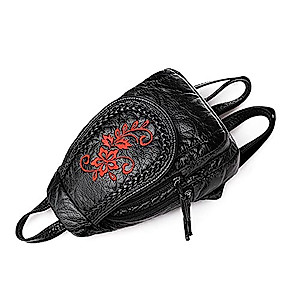 NIGEDU Vintage Embroidered Women Backpacks Soft PU Leather Backpack Purse Small Female Travel Bag High Capacity Black Chest Packs (Red Flower)