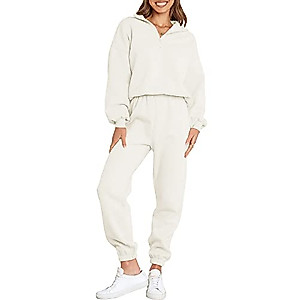 Prinbara Women's 2023 Fall Fashion Outfits 2 Piece Sweatsuit Solid Color Long Sleeve Pullover Long Pants Tracksuit 7PA76-baise-L