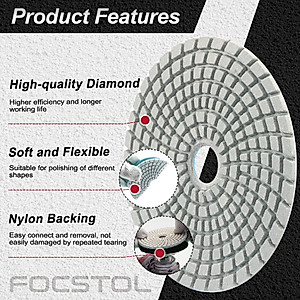 FOCSTOL Diamond Wet Polishing Pads - 4''(100mm) Grit 400 Polishing Kit for Granite Marble Artificial Stone Quartz for Angle Grinder 6pcs