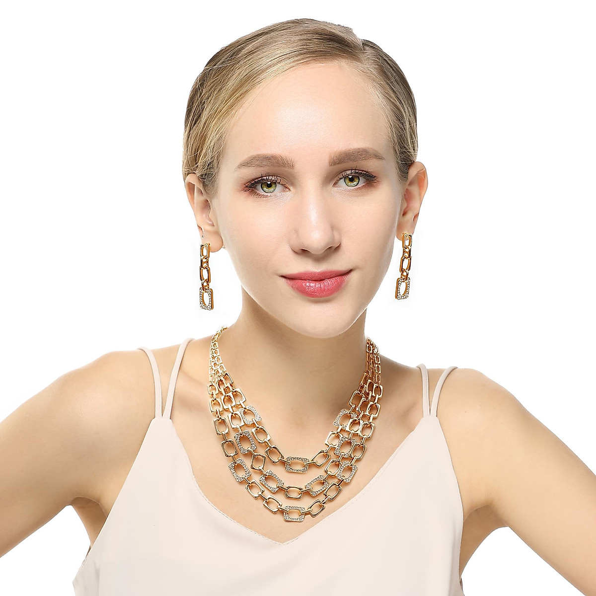 S SUSANN Chunky Collar Choker Necklace Costume Jewelry Sets for Women,Multilayered Square Link Chain Necklace and Earrings Set Perfect for Parties Weddings and Festivals