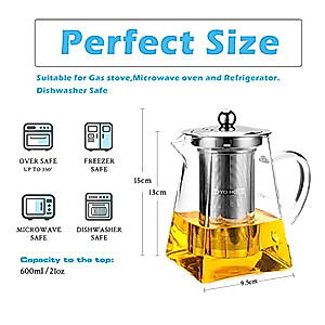 Glass Teapot with infuser, Tea Infusers for Loose Tea, Small Loose Leaf Tea pot, Heat resistant, Ideal for Tea Parties and Stovetop Brewing，600ml