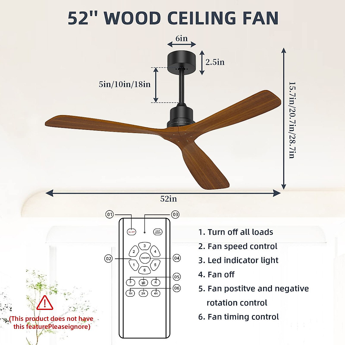 Obabala Modern Ceiling Fan No Light with Remote, Outdoor Ceiling Fan Without Light 3 blade Wood Walnut Fan for Patios/Farmhouse Reversible DC Motor, 52'', Brown